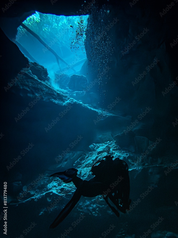 Sunlight illuminating the underwater cavern in the sinkhole at Buford ...