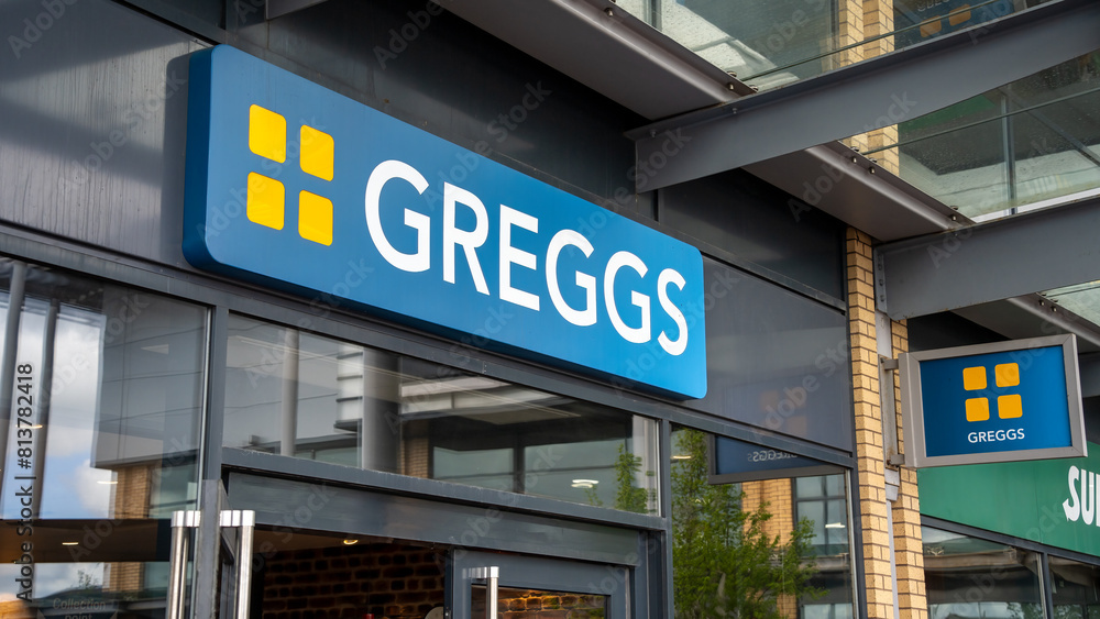 Greggs Logo and sign outside a store, Leamington Spa, UK, April 14 2024 ...