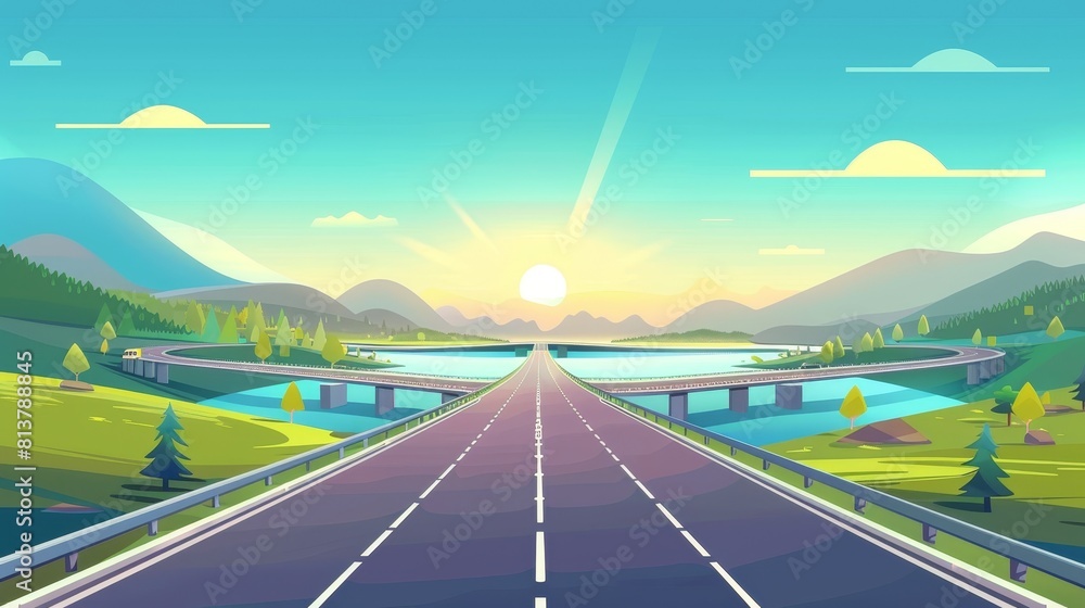 Highway overpass, winter landscape with forest, lake, mountains and ...