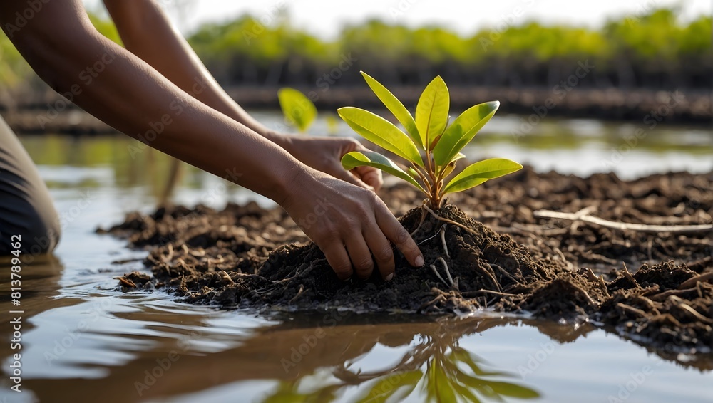 Person planting mangrove trees promoting habitat restoration on the ...