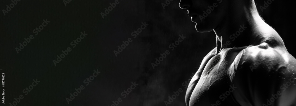 Bodybuilding fitness banner with muscular bodybuilder flexing muscles ...