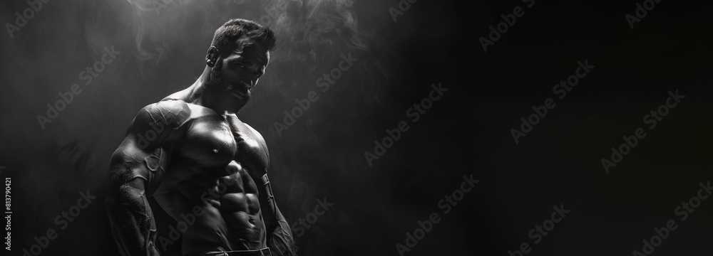 Bodybuilding fitness banner with muscular bodybuilder flexing muscles ...