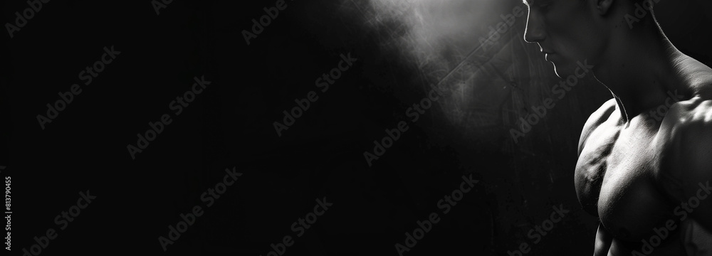 Bodybuilding fitness banner with muscular bodybuilder flexing muscles ...