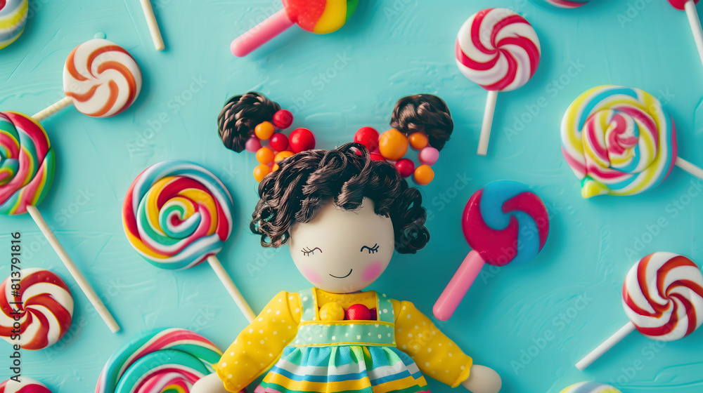 Cute Little Girl Doll Lying in the Middle of Various Lollipops in Light ...
