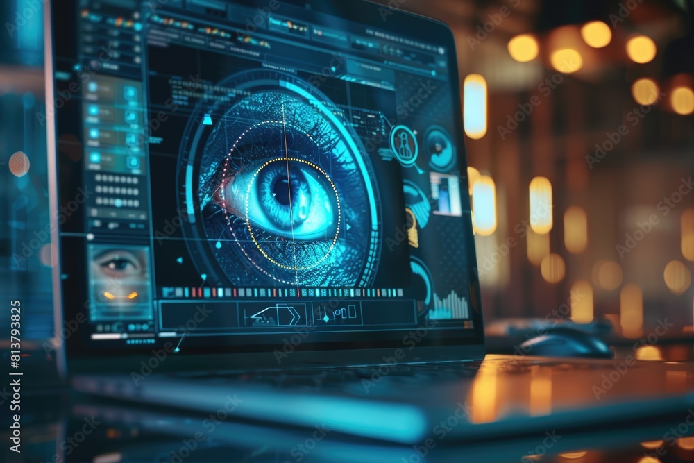 Laptop screen alert showing eye focus privacy hacked, with warning ... Laptop screen alert showing eye focus privacy hacked, with warning ...