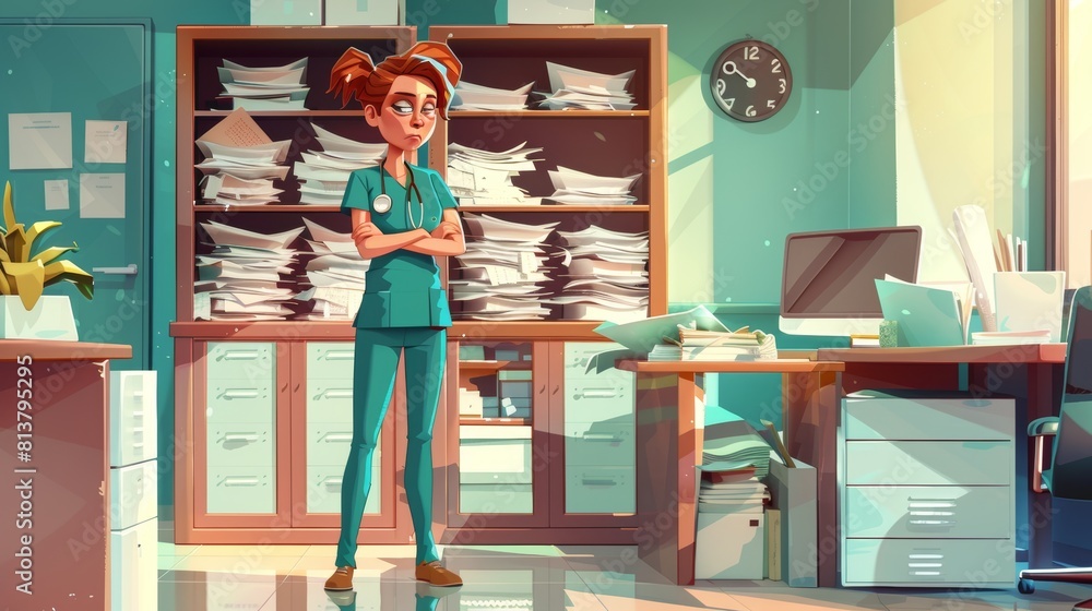 Cartoon burnout exhausted female medical worker in interior with desk ...