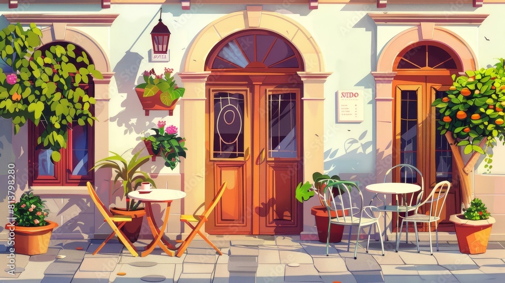 Cartoon restaurant with coffee cup on table, chairs, and decorative ...