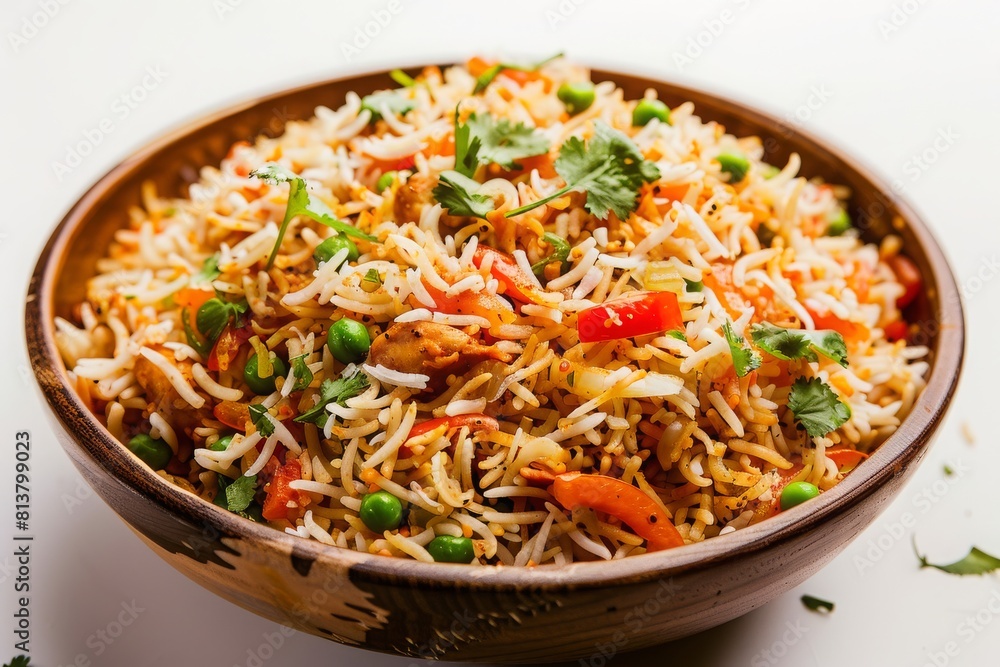 Veg biryani or veg pulav/pulao, pilaf Fried rice in a copper bowl ...