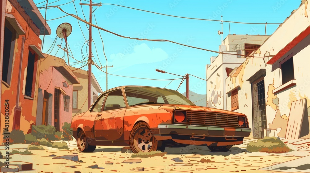 The old abandoned broke down car stands out in an alley of the ghetto ...