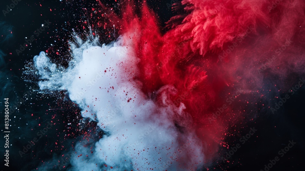 red and white explosion of dust and debris. The red and white colors ...
