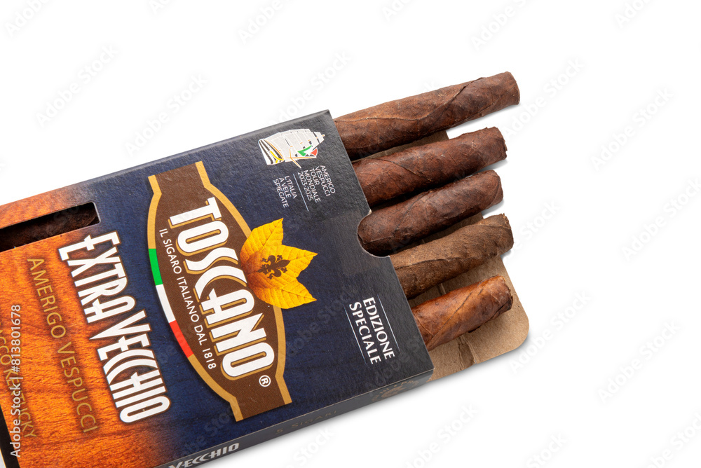 Italy - May 13, 2024: Toscano Extra Vecchio cigars in cardboard box ...