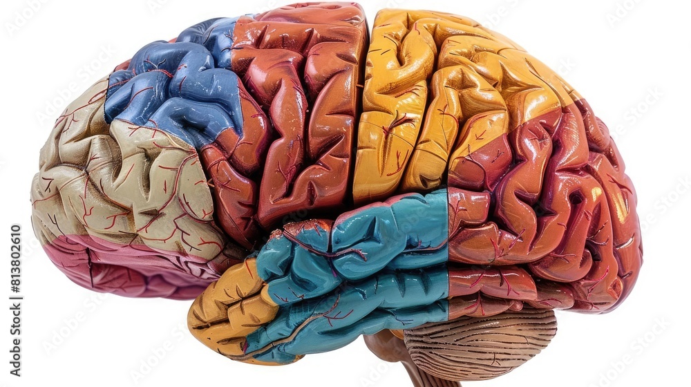 Anatomical model of the human brain, colorcoded regions, educational ...