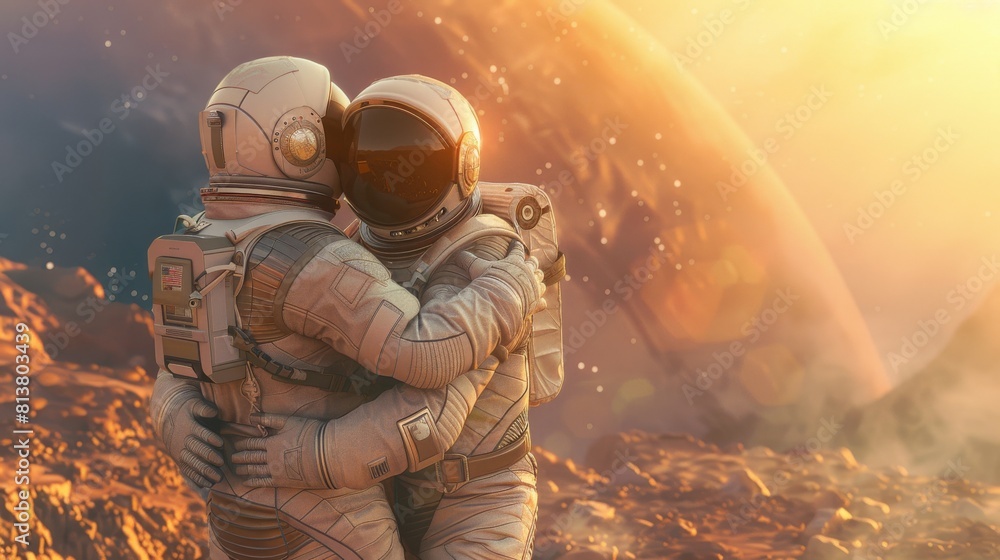 Space Travel Concept illustration of two Astronauts in Space Suits hugging on the surface of an ...