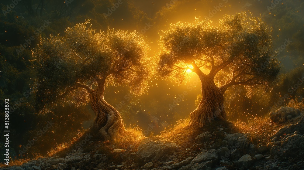 two olive trees with bright sunburst sunlit light, idea for revelation ...