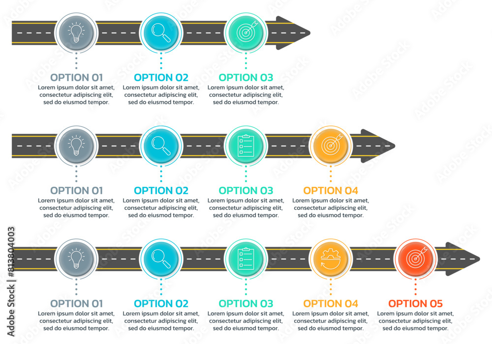 3, 4, 5 steps road infographic template with arrow. Timeline roadmap ...