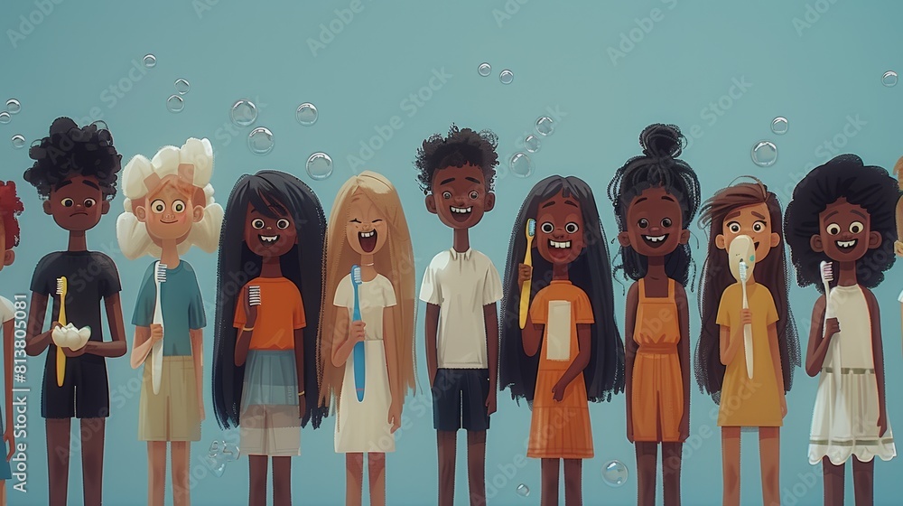group children happily brush their teeth, Diverse group of ten cartoon ...