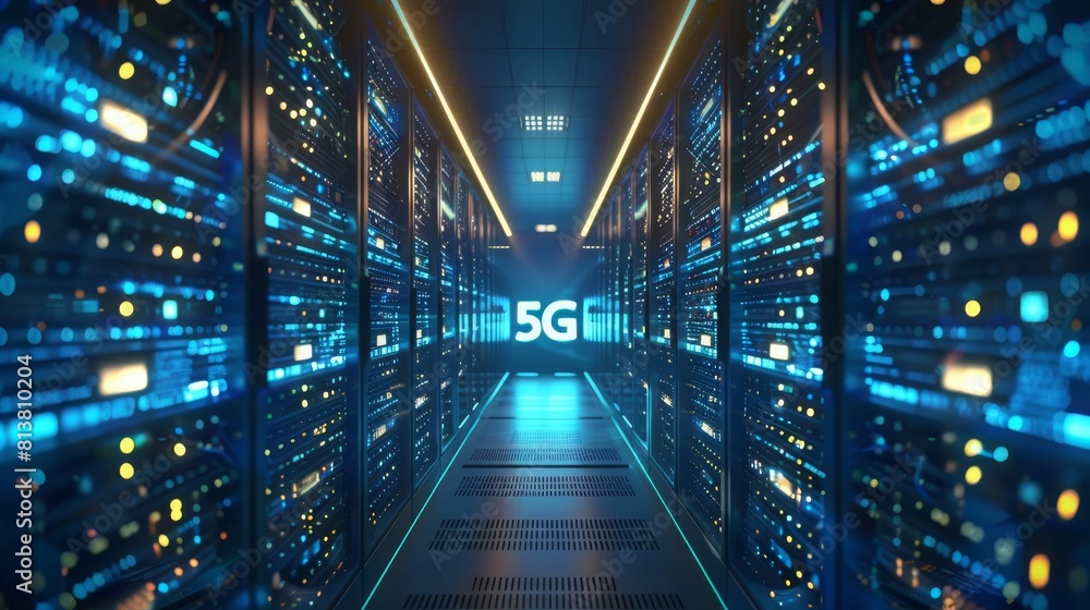 5G data center with live feeds of neuromarketing studies, glowing blue ...