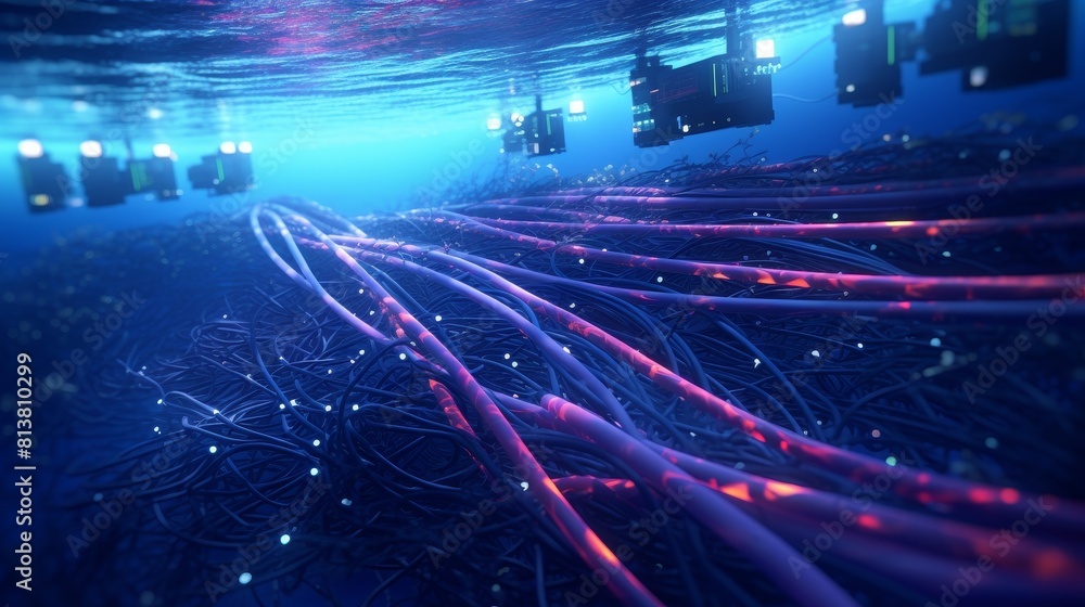 Detailed 3D animation of an undersea fiber optic cable system ...