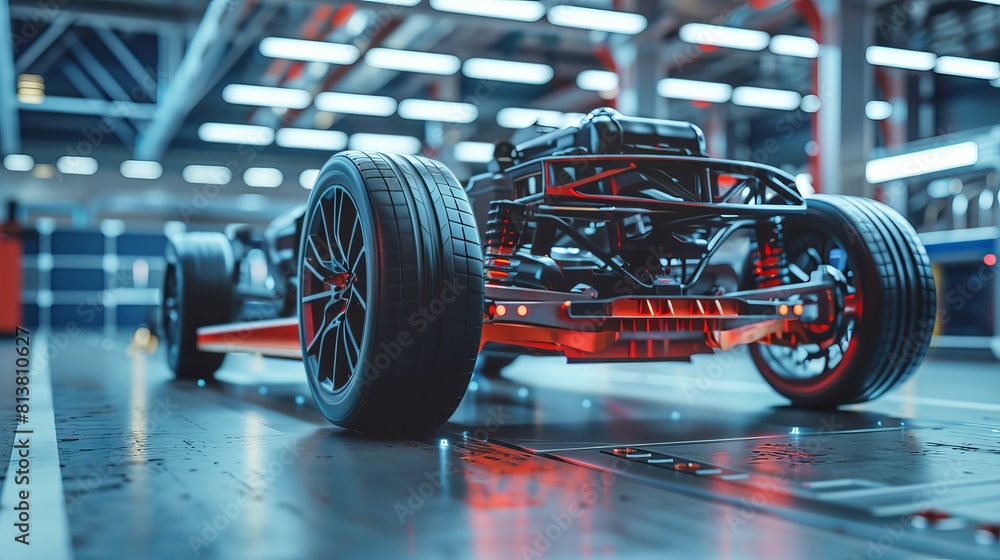 An Authentic electric car platform chassis, including wheels, engine ...