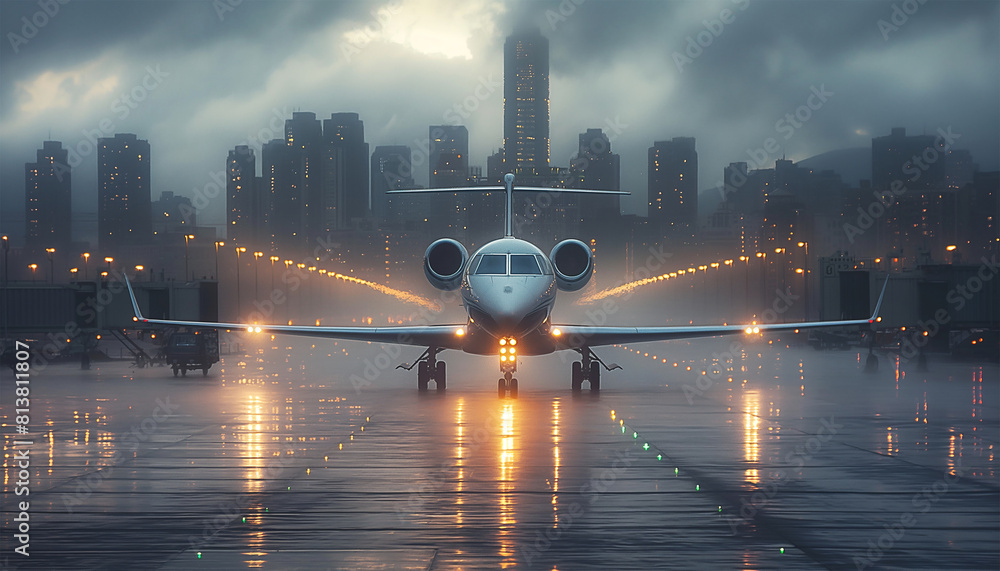 Private luxury jet aircraft on a rainy, foggy, wet runway, lit with ...