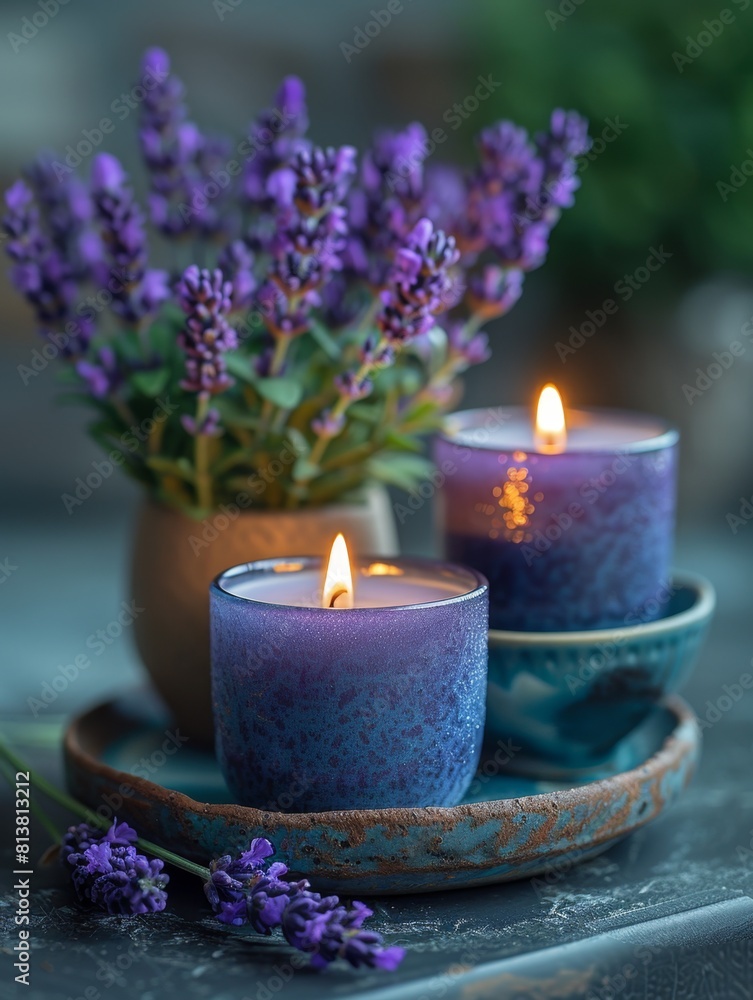 Flat lay of lavender candles on gray background, natural style with ...