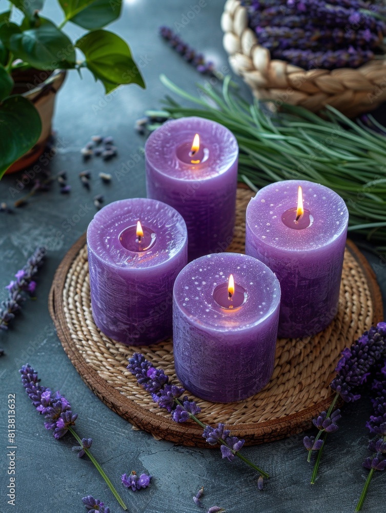 Flat lay of lavender candles on gray background, natural style with copy space for text, Candle ...