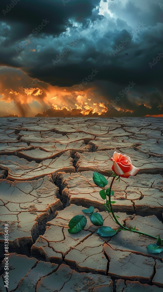 Cracked earth with desert rose and distant storm front view ...