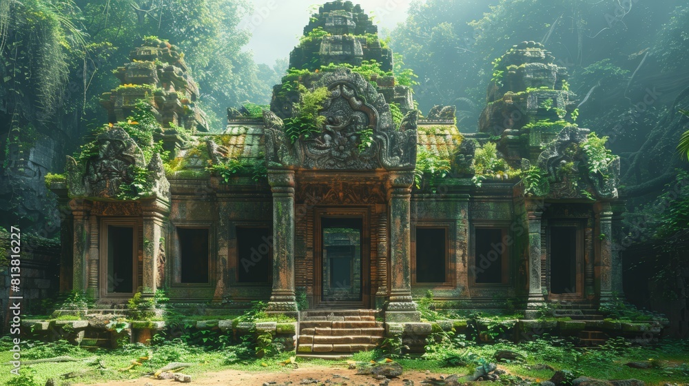 Ancient Stone Temple Overgrown with Lush Greenery in a Dense Jungle ...