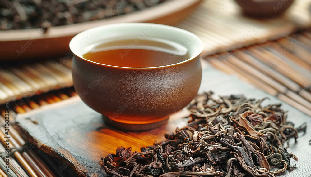 Beautiful still life featuring dry Chinese pu-erh tea and a hot cup of ...