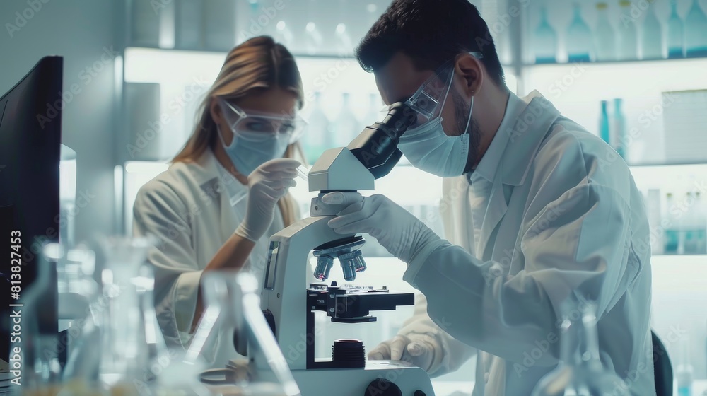 Using a microscope in a modern medical research laboratory, two ...