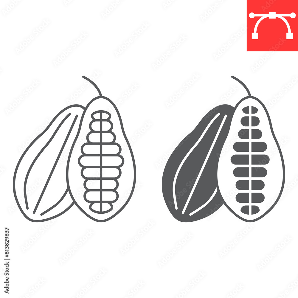 Cocoa pod line and glyph icon, cocoa beans and chocolate, cacao vector ...