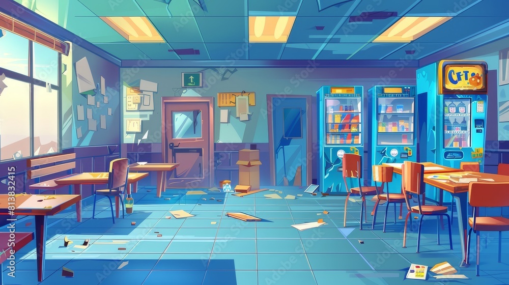 The cartoon modern illustration shows an abandoned school cafe, a ...