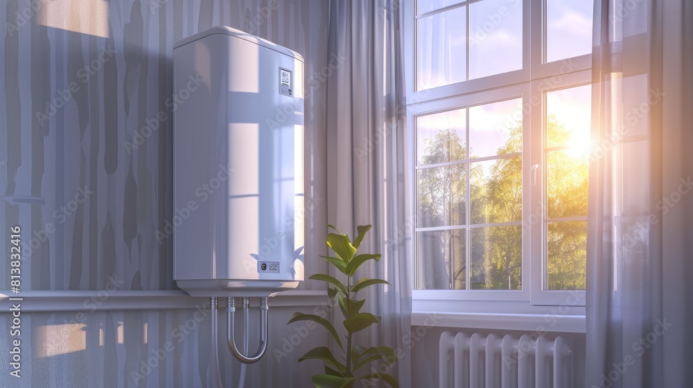 In the room with wooden pipes and curtained window, there is a boiler ...