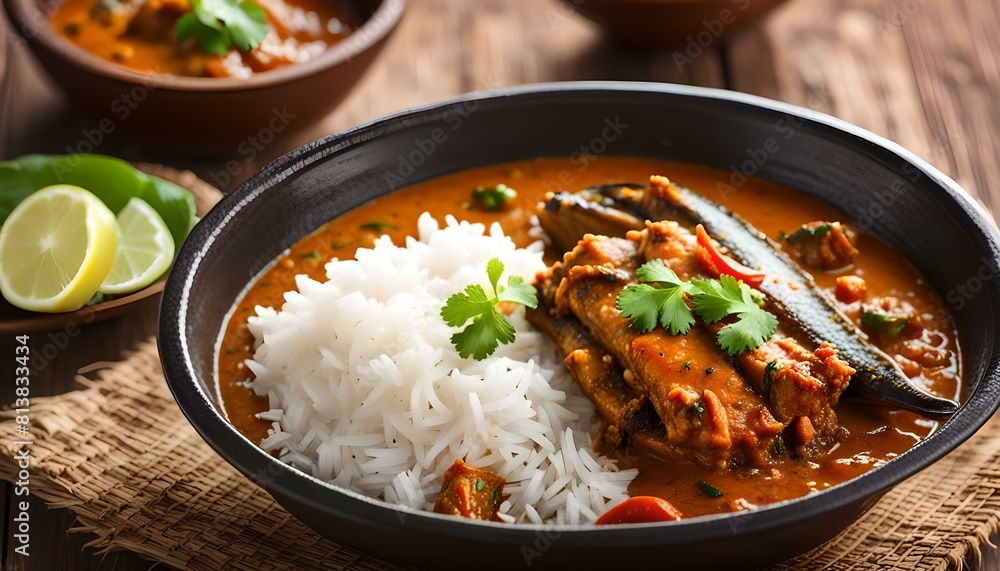 Very popular Kerala fish curry with white rice in coastal area south ...