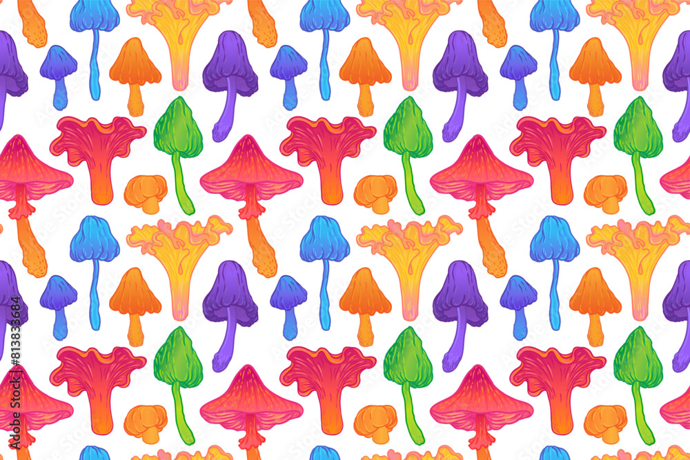 Magic mushrooms seamless pattern. Psychedelic hallucination. 60s hippie ...