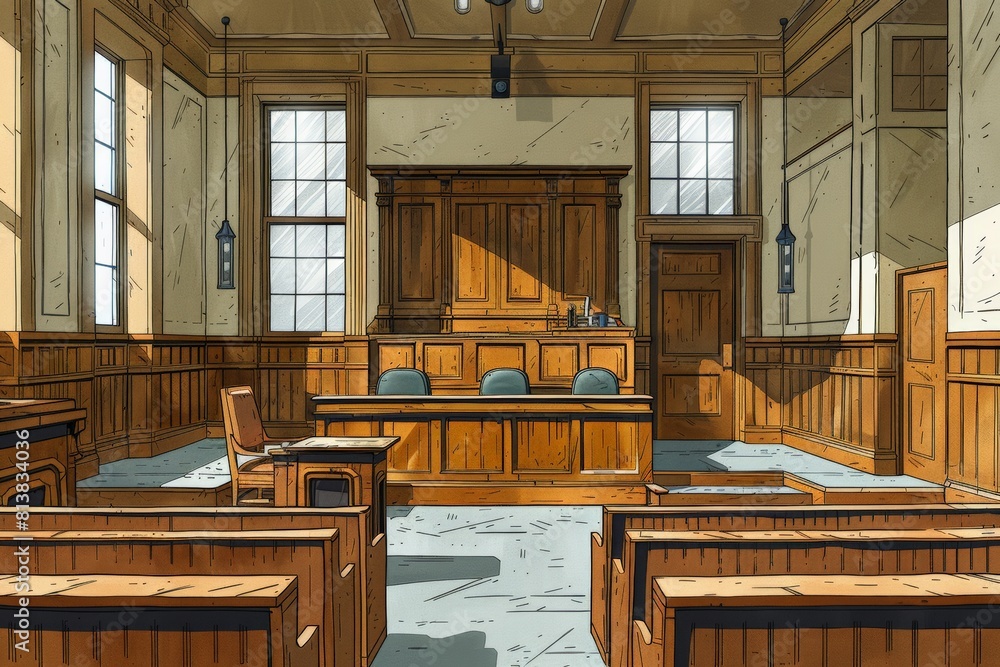 A detailed illustration of a courtroom, with each object animated ...
