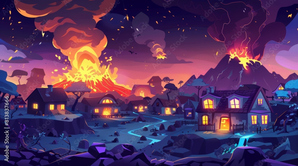 Volcano eruption scene with cottages covered with steam and ash falling ...