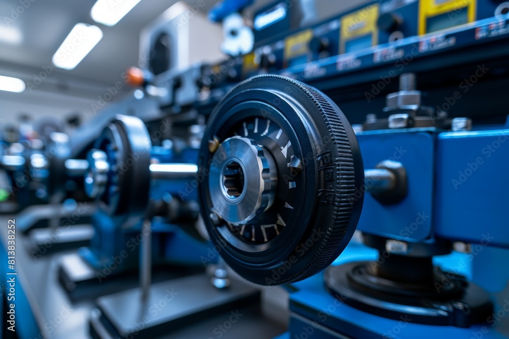 Detailed view of wheel alignment process, Close-up of complex wheel ...