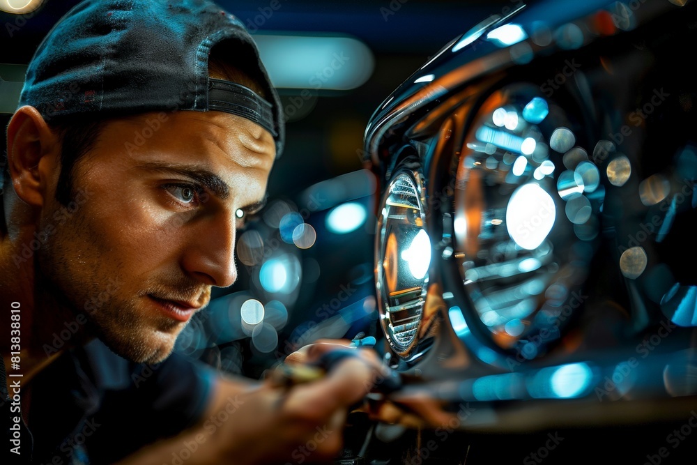 Mechanic adjusting car headlights, Focused young mechanic adjusts ...