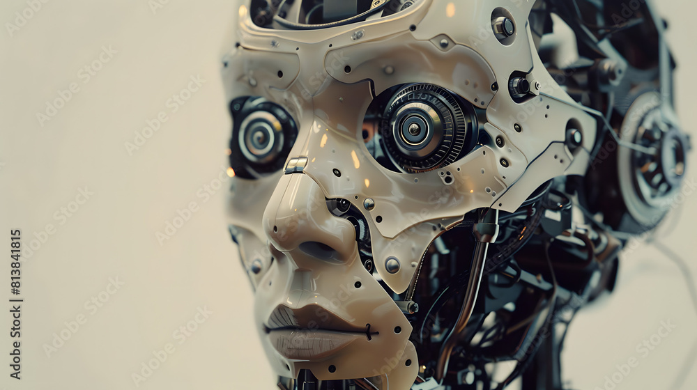 Futuristic robot head or detailed humanoid cyber face. Closeup view ...