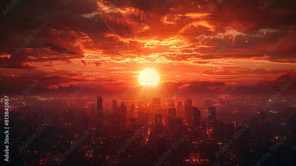 Vibrant Urban Sunset Drama: The setting sun creates a fiery backdrop ...
