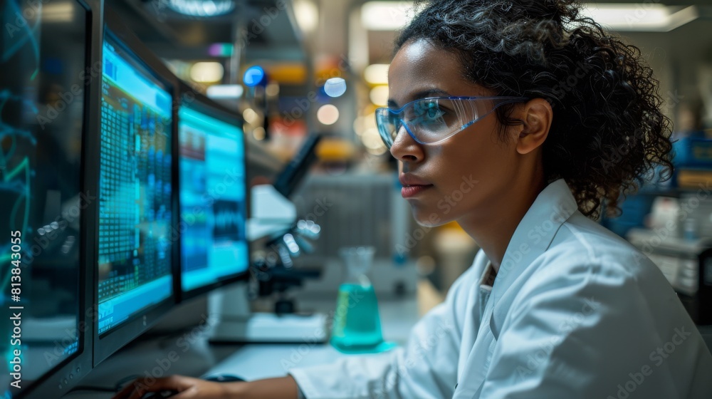Capture a high-resolution photograph of a female chemist examining ...