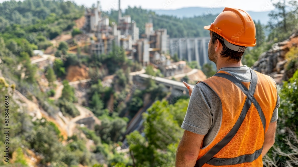 Engineer observing hydroelectric power plant operations from a vantage ...