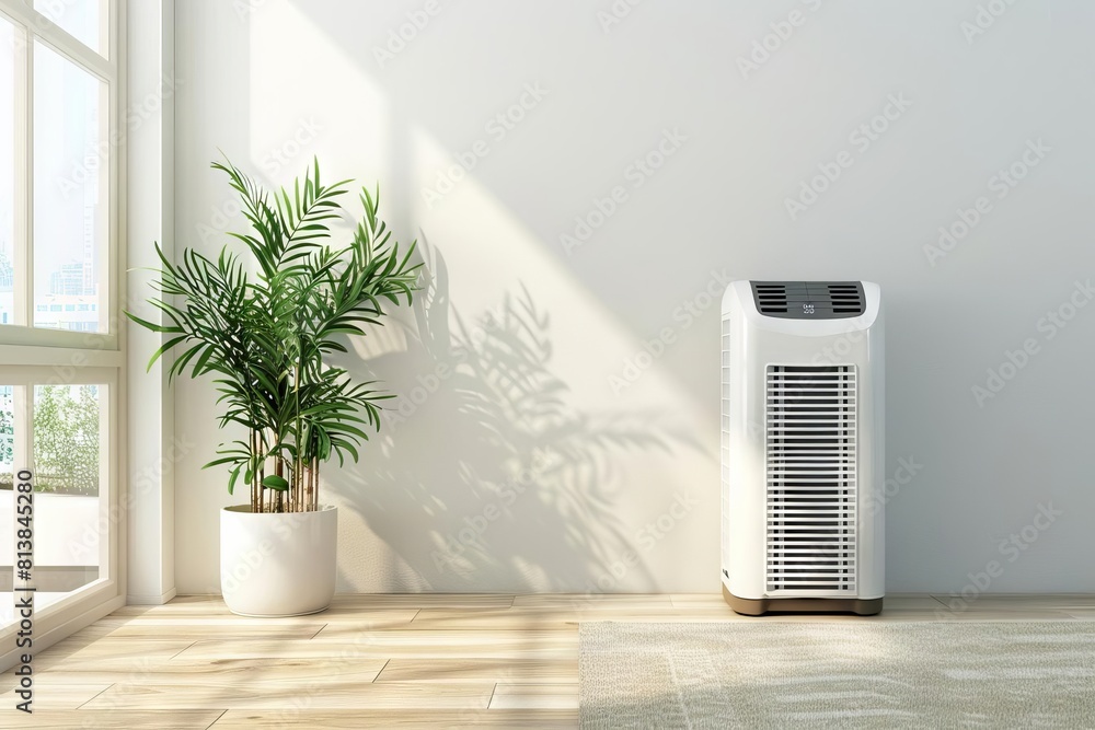 modern portable air conditioner unit in minimalist bright living room ...