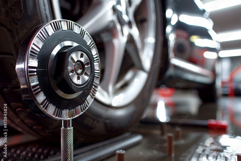 Detailed view of wheel alignment process, Sleek silver car elevated on ...