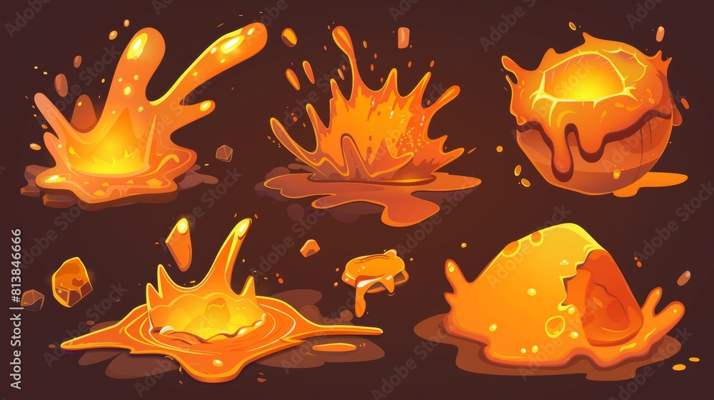 Magic liquid volcano lava puddle cartoon modern set. Isolated orange ...