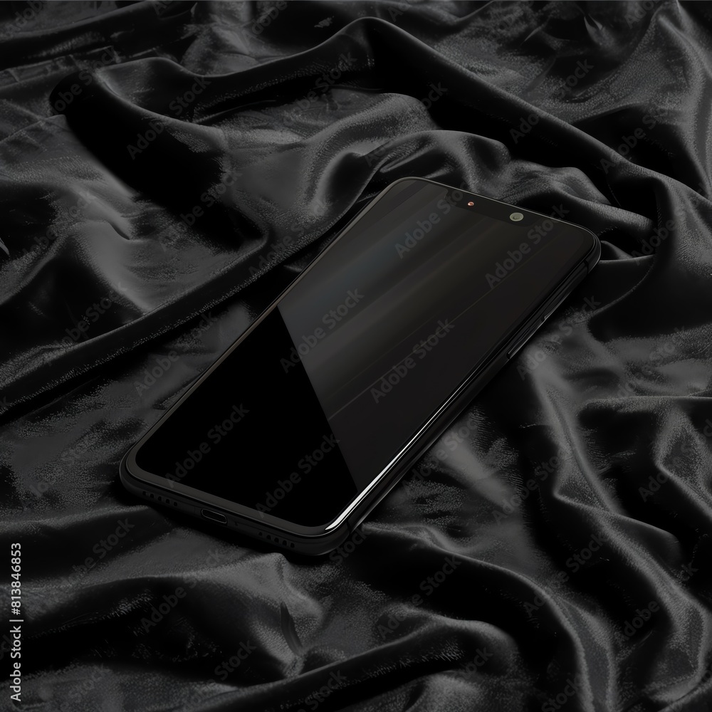 Clean, matte black smartphone with a reflective screen on a dark velvet ...