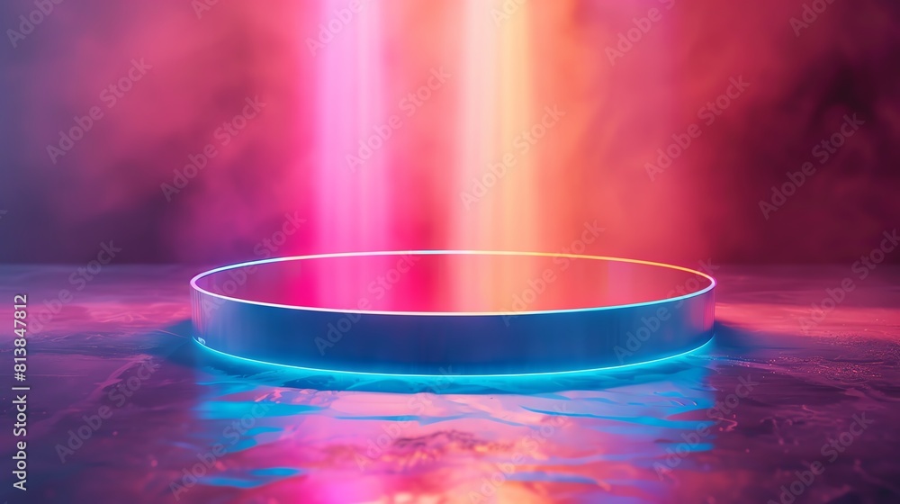 Floating glass podium encircled by a spectrum of soft neon lights ...