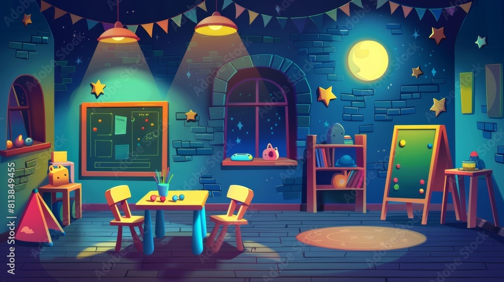 Educators in a kindergarten classroom with chalkboard and toys on a ...