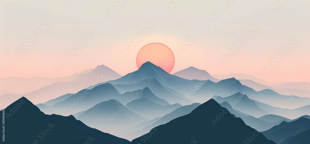 wallpaper of a minimalist mountain landscape with a sun rising behind ...